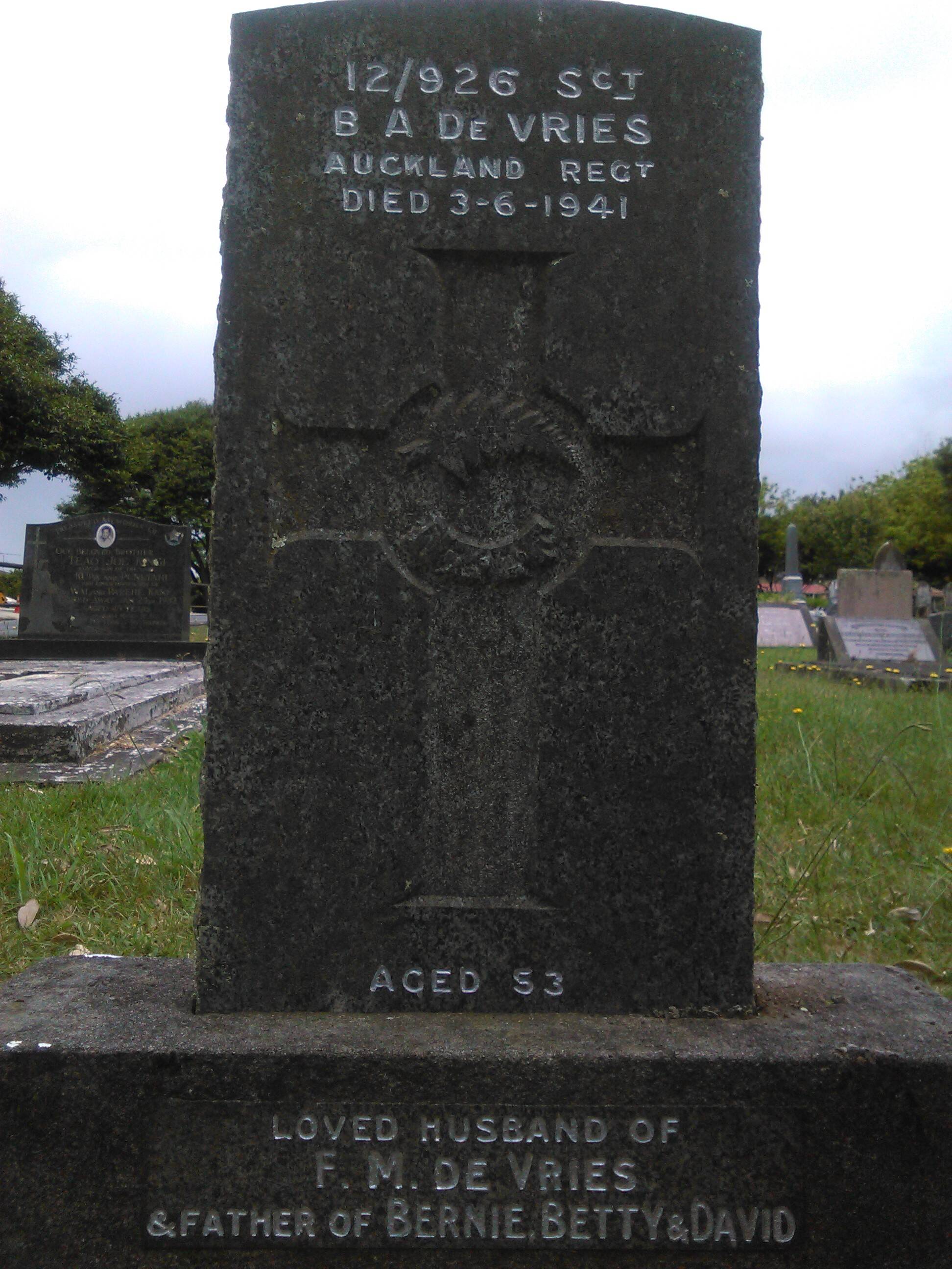 Berand Alexander De Vries - Online Cenotaph - Auckland War Memorial Museum
