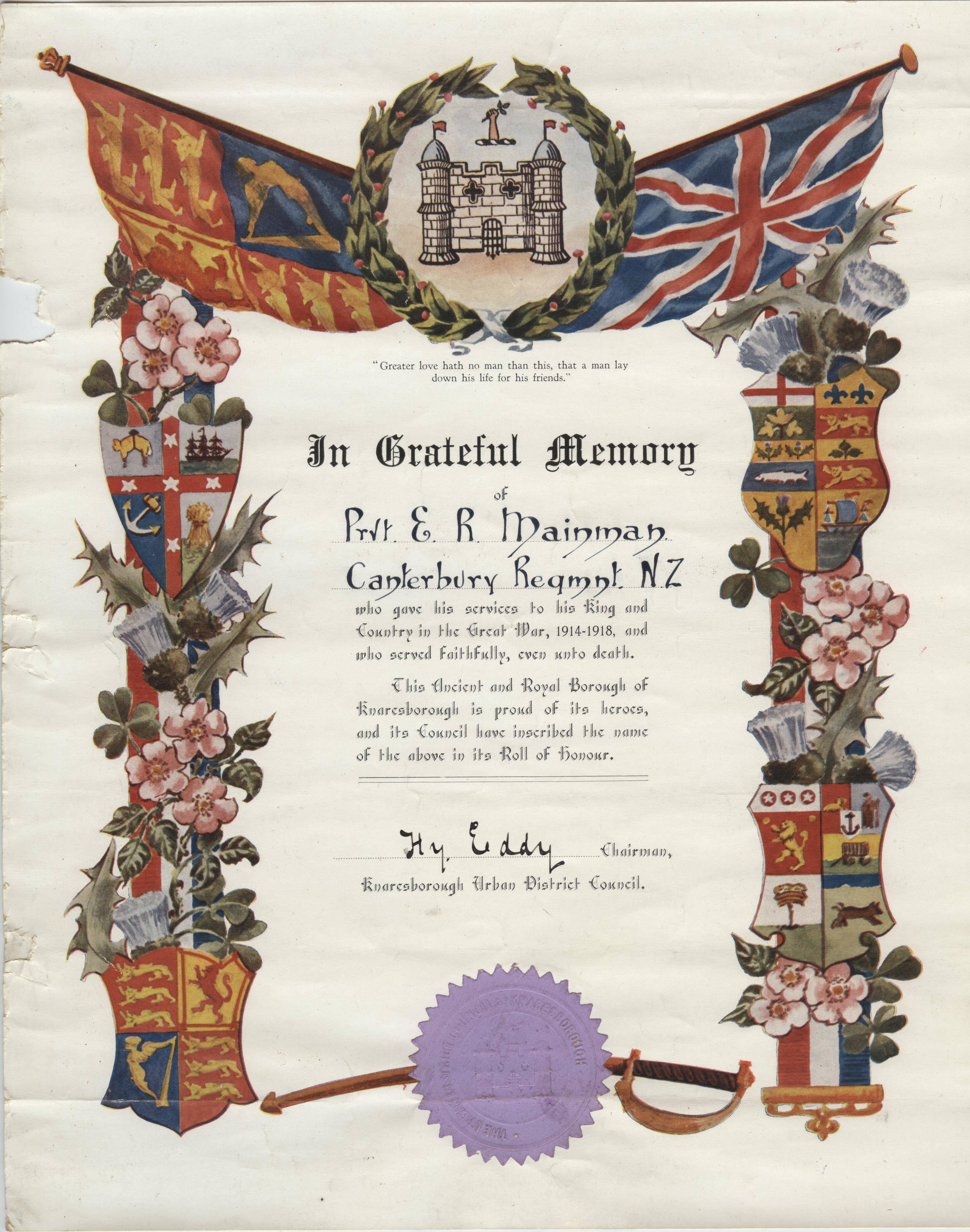 Edwin Rowland Mainman - Online Cenotaph - Auckland War Memorial Museum