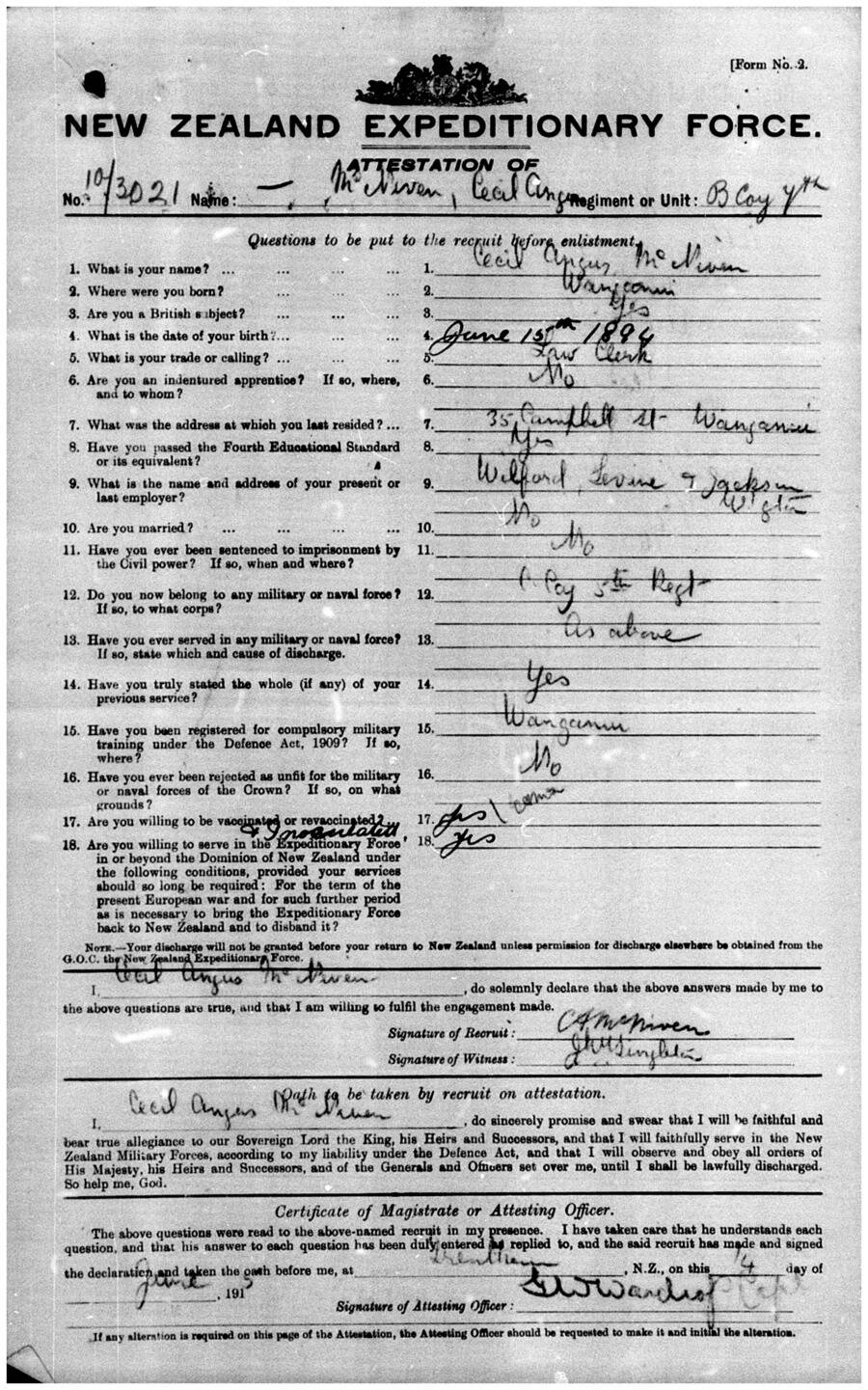 Cecil Angus McNiven - Online Cenotaph - Auckland War Memorial Museum